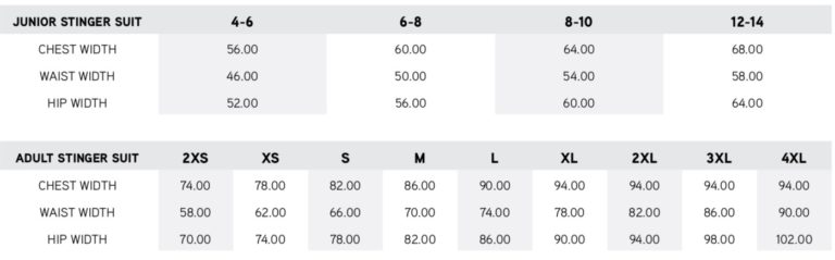 Sizing Charts – Ocean Pro