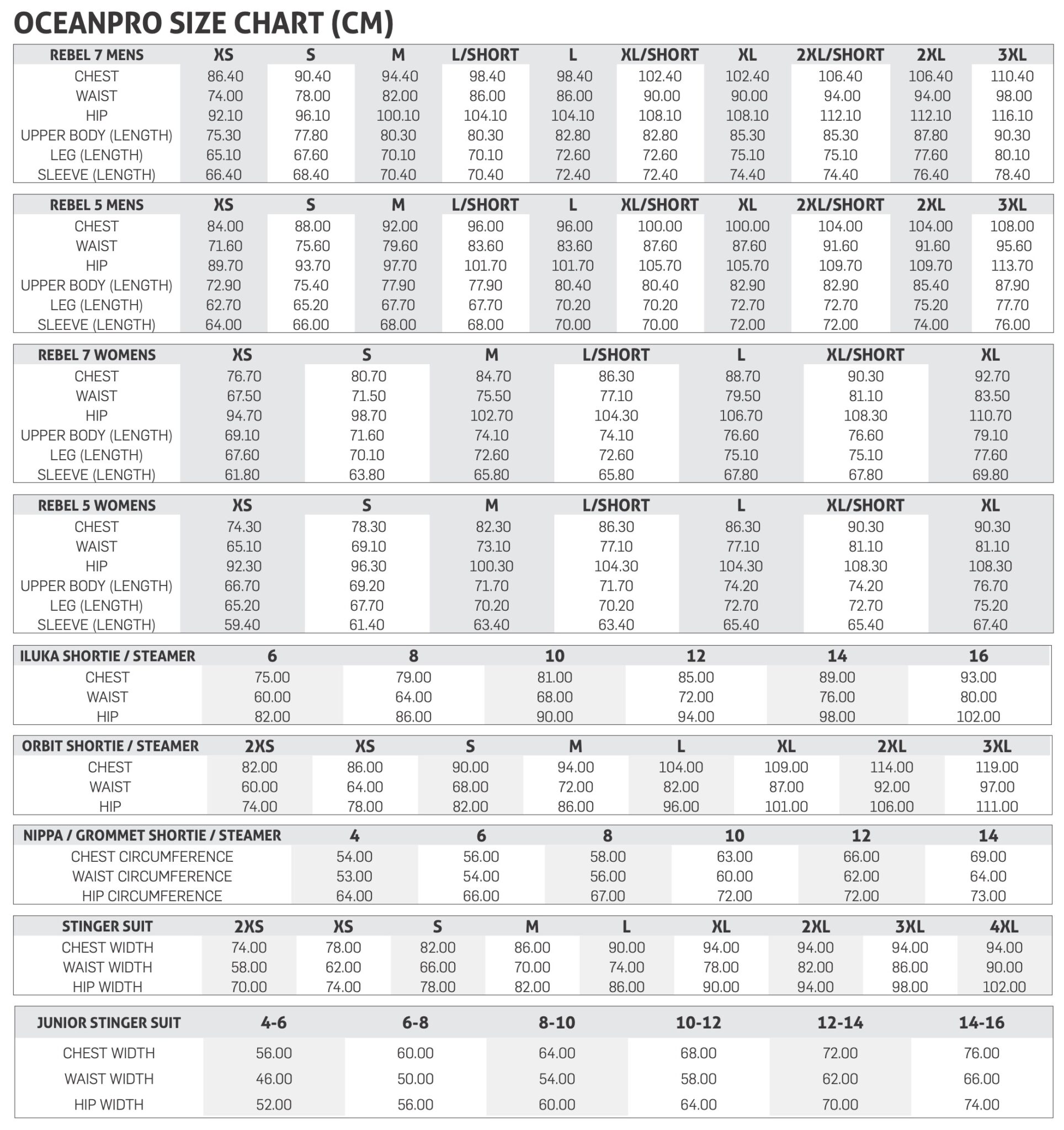 Sizing Charts – Oceanpro